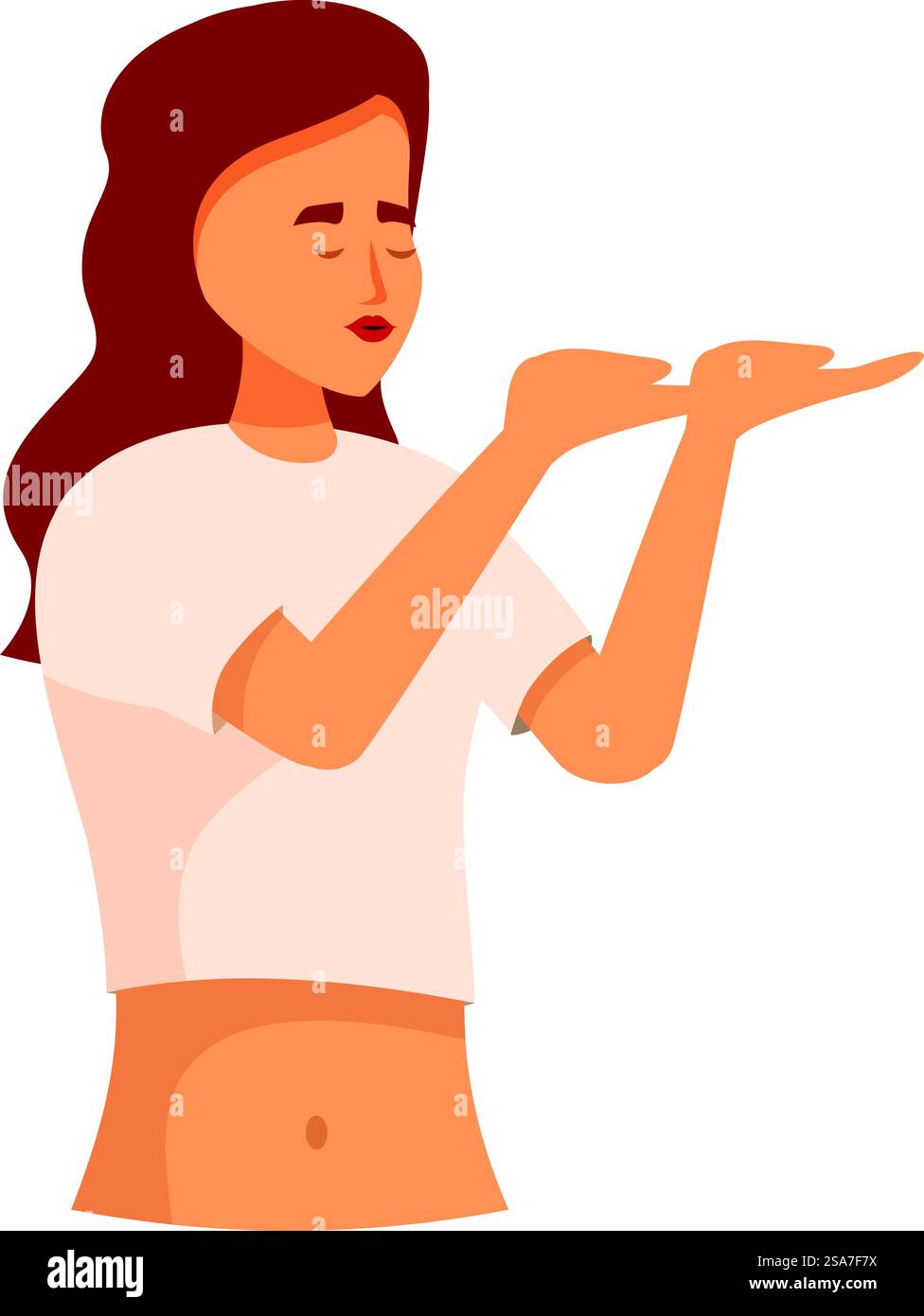 Young woman is slightly bending forward and holding her hands in front ...