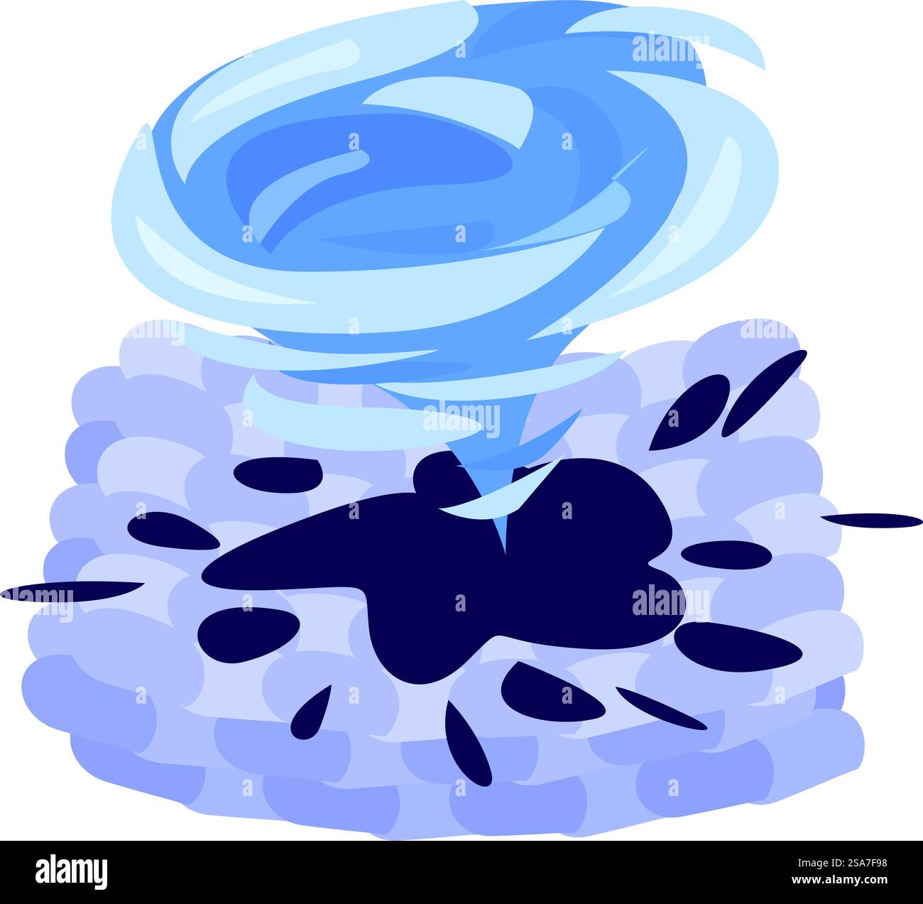 Cartoon blue tornado forming in the sky, leaving a trail of destruction ...