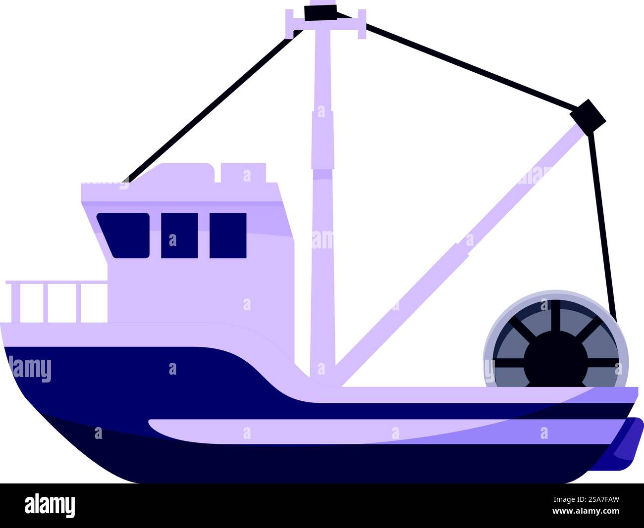 Fishing trawler ship sailing on water and catching fish with net ...