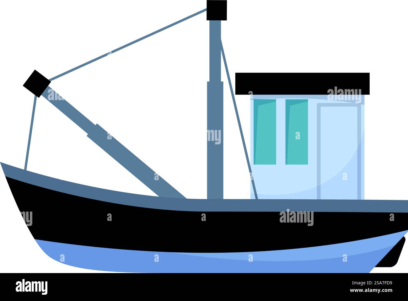 Fishing boat floating on water, featuring a cabin and a crane, ready ...