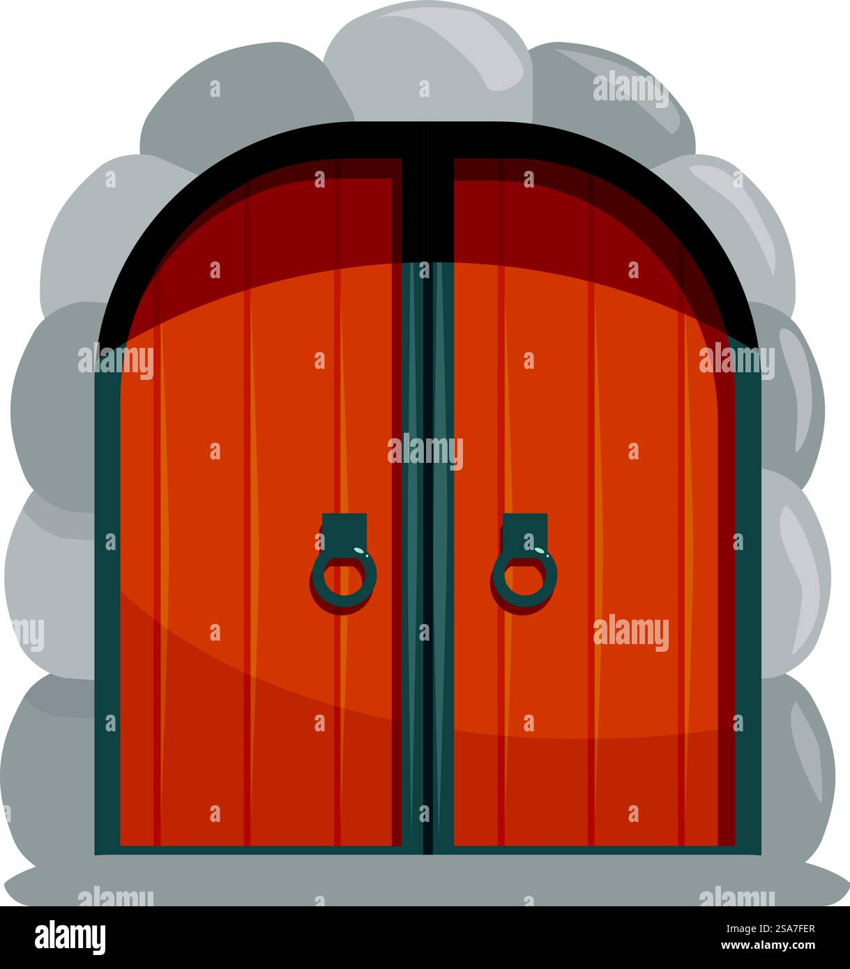 Cartoon illustration of an old wooden dungeon gate with a stone archway ...
