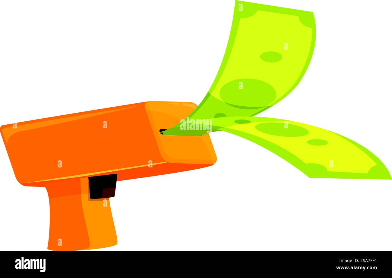 Cartoon illustration of an orange toy gun shooting money cash bills ...