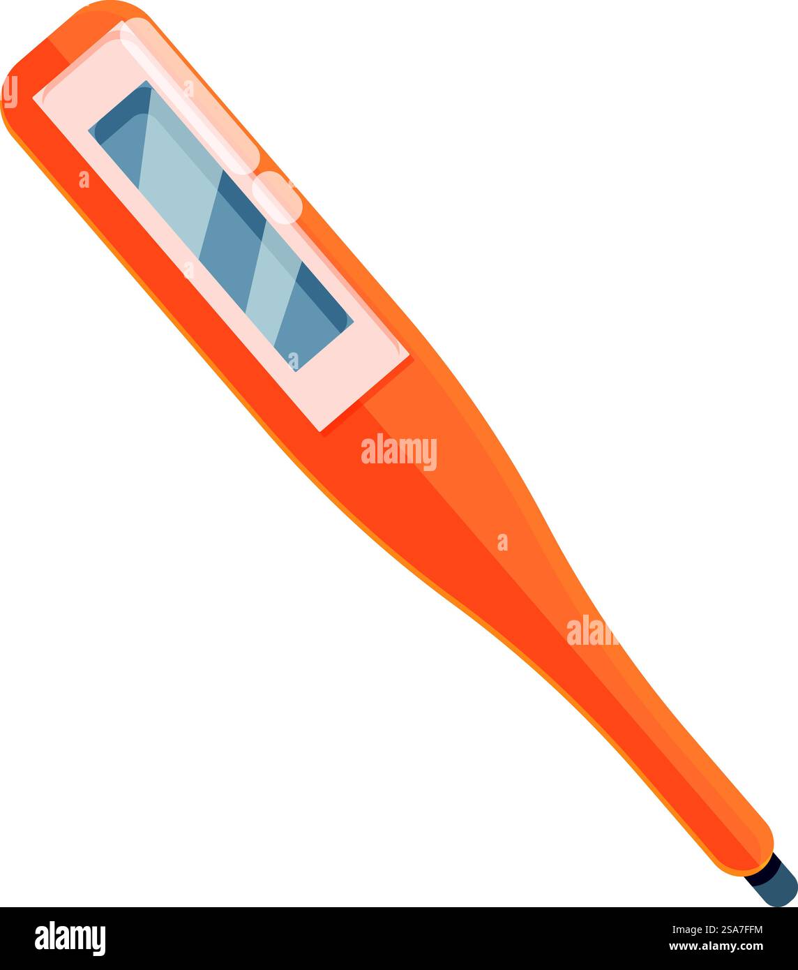 Orange electronic thermometer measuring temperature on white background. Orange electronic ...