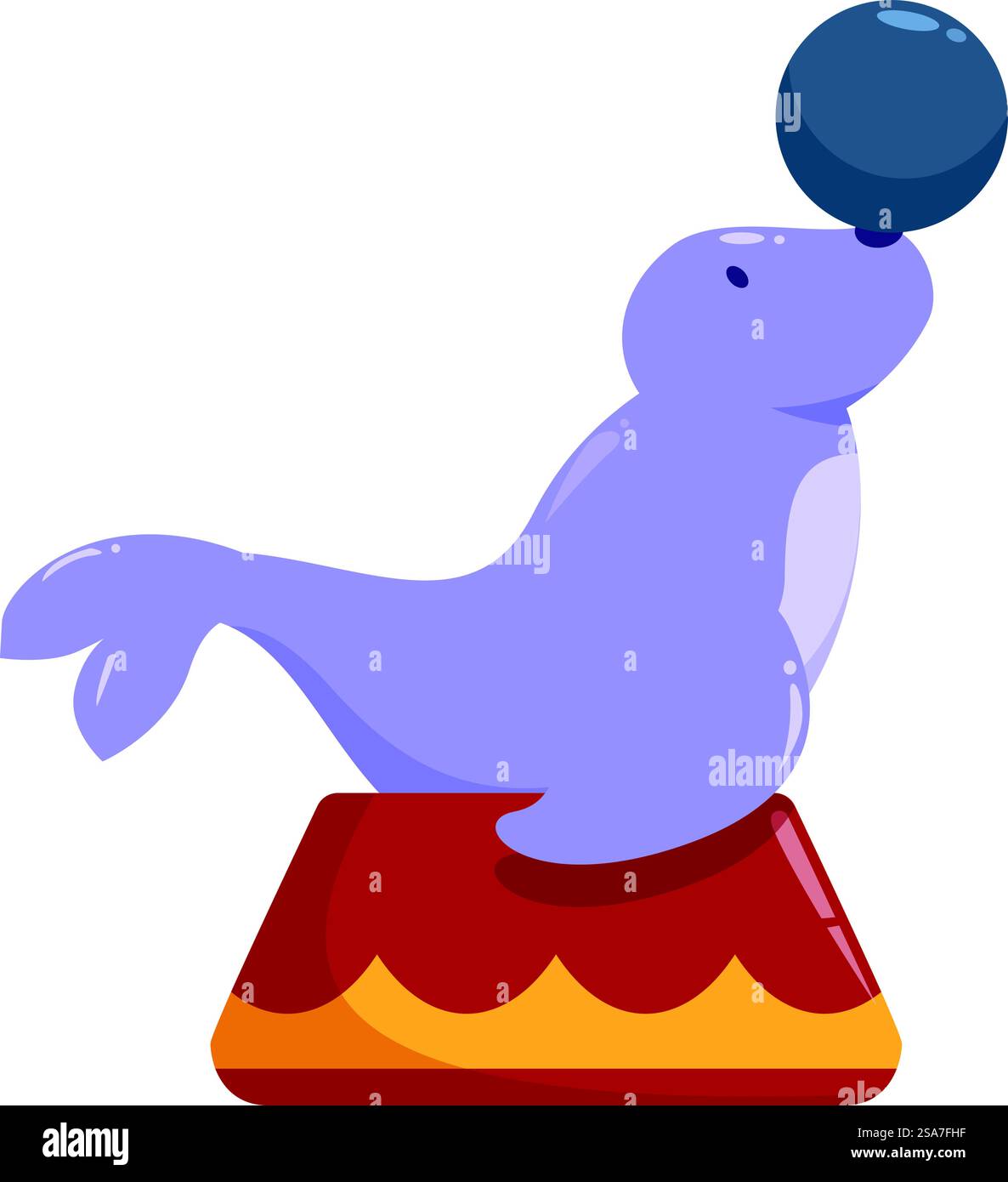 Trained seal balancing a ball on its nose while performing on a circus ...