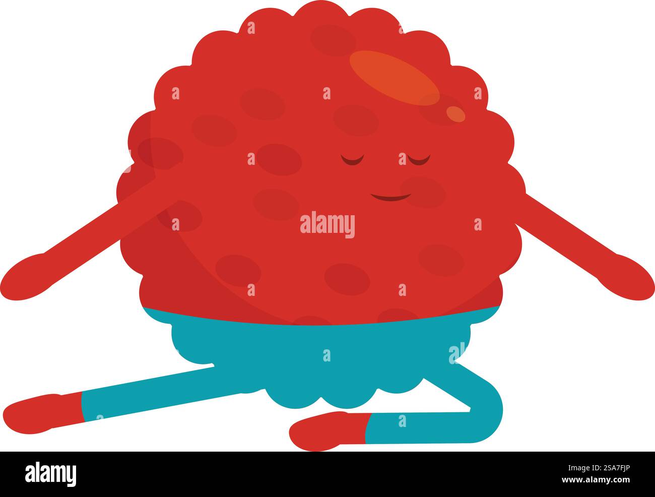 Round red character wearing blue pants doing splits exercise on white ...