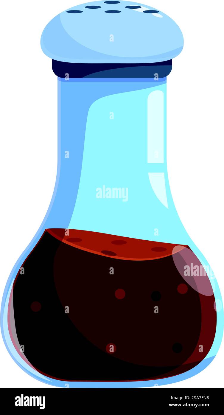 Glass salt shaker with blue cap filled with black pepper, a common ...