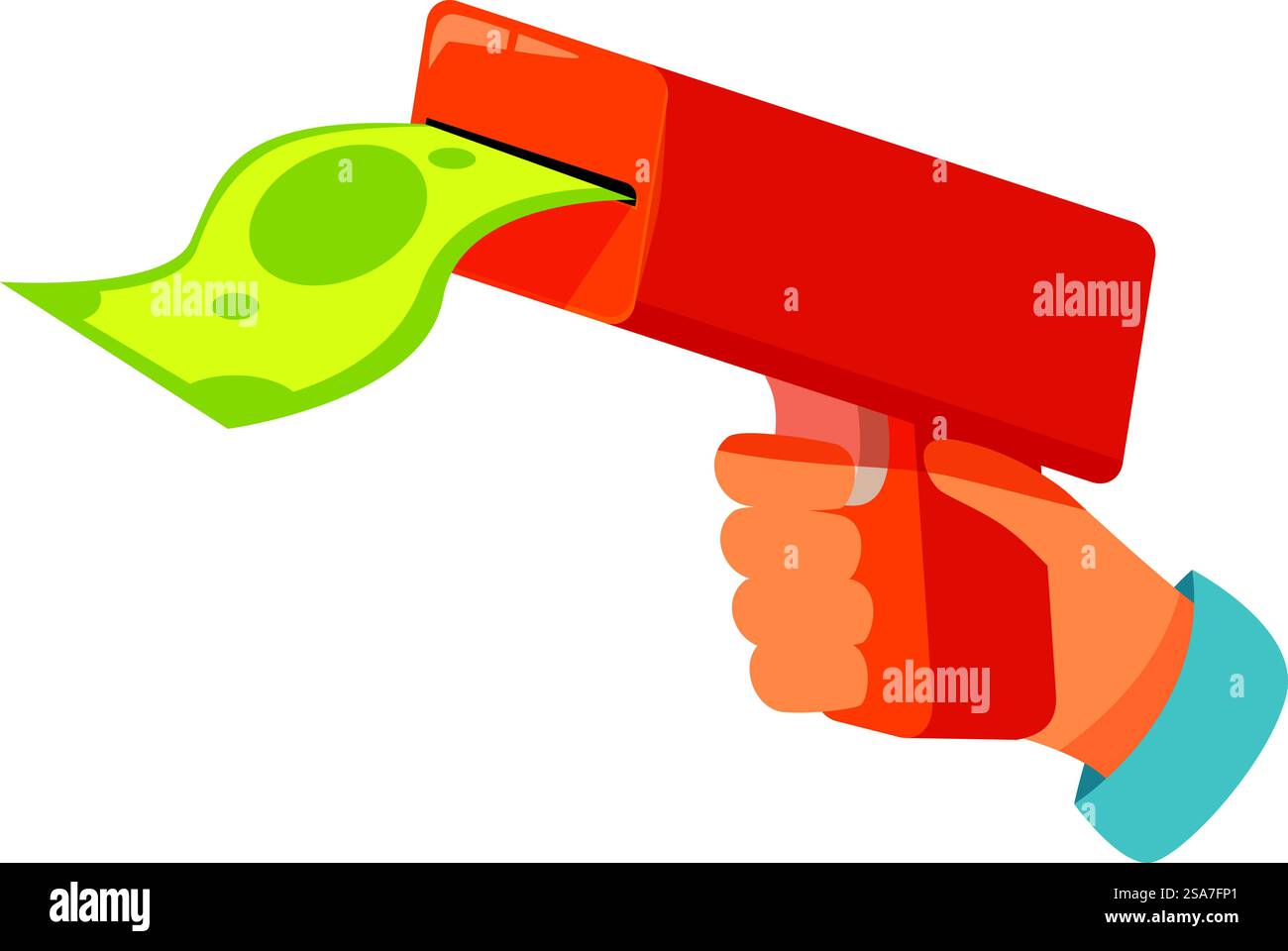 Hand holding a cash gun is shooting banknotes, illustrating a financial ...