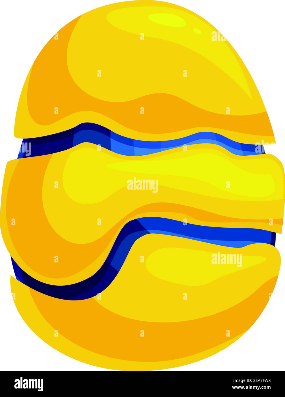 Golden egg decorated with blue wavy stripes, bringing the spirit of ...