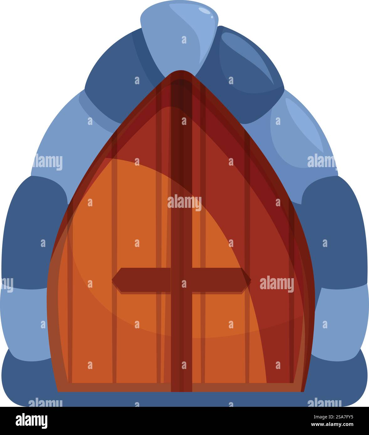 Cartoon stone fantasy house with round wooden door on white background ...