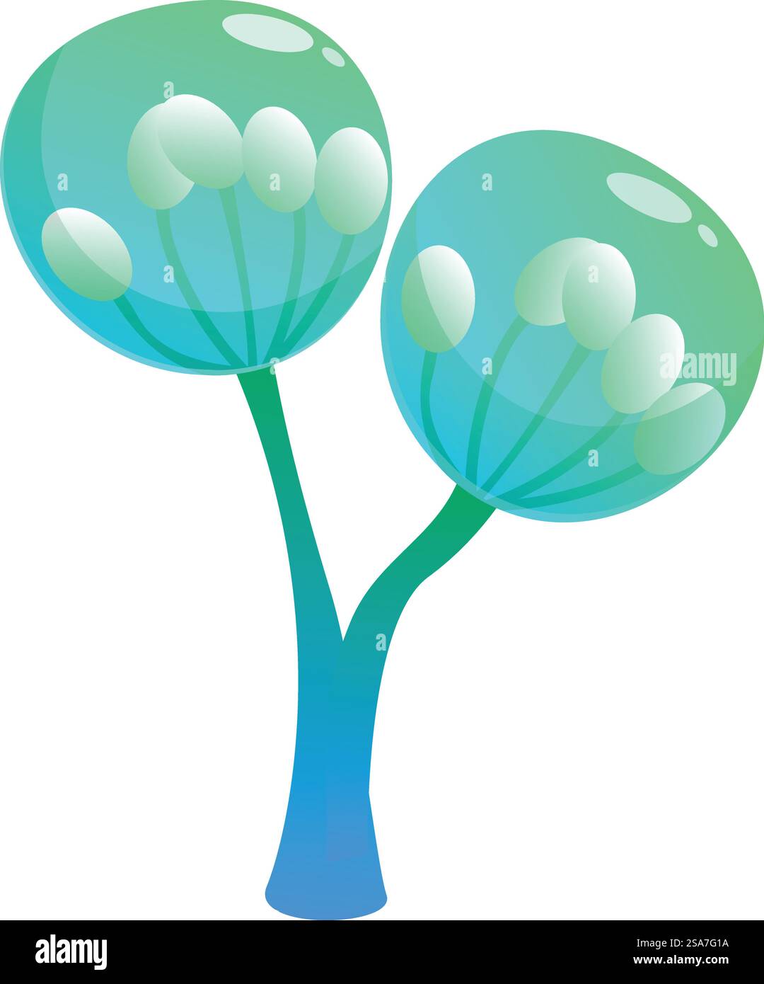 Blue alien tree growing upward with round leaves, isolated on a white ...