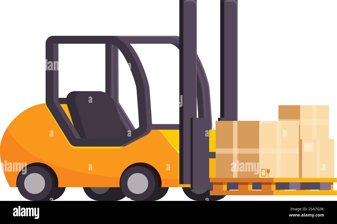 Yellow forklift carrying stacked cardboard boxes on a wooden pallet ...