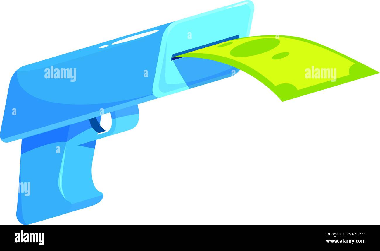 Blue toy gun shooting money banknote, illustrating cash wealth concept ...
