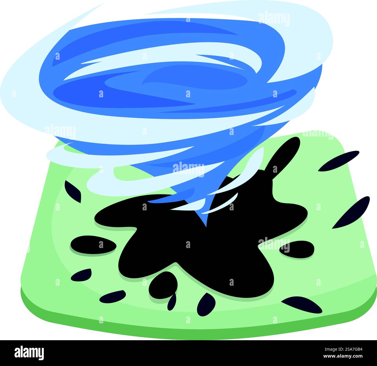 Cartoon blue tornado rotating over green field leaving black spot ...