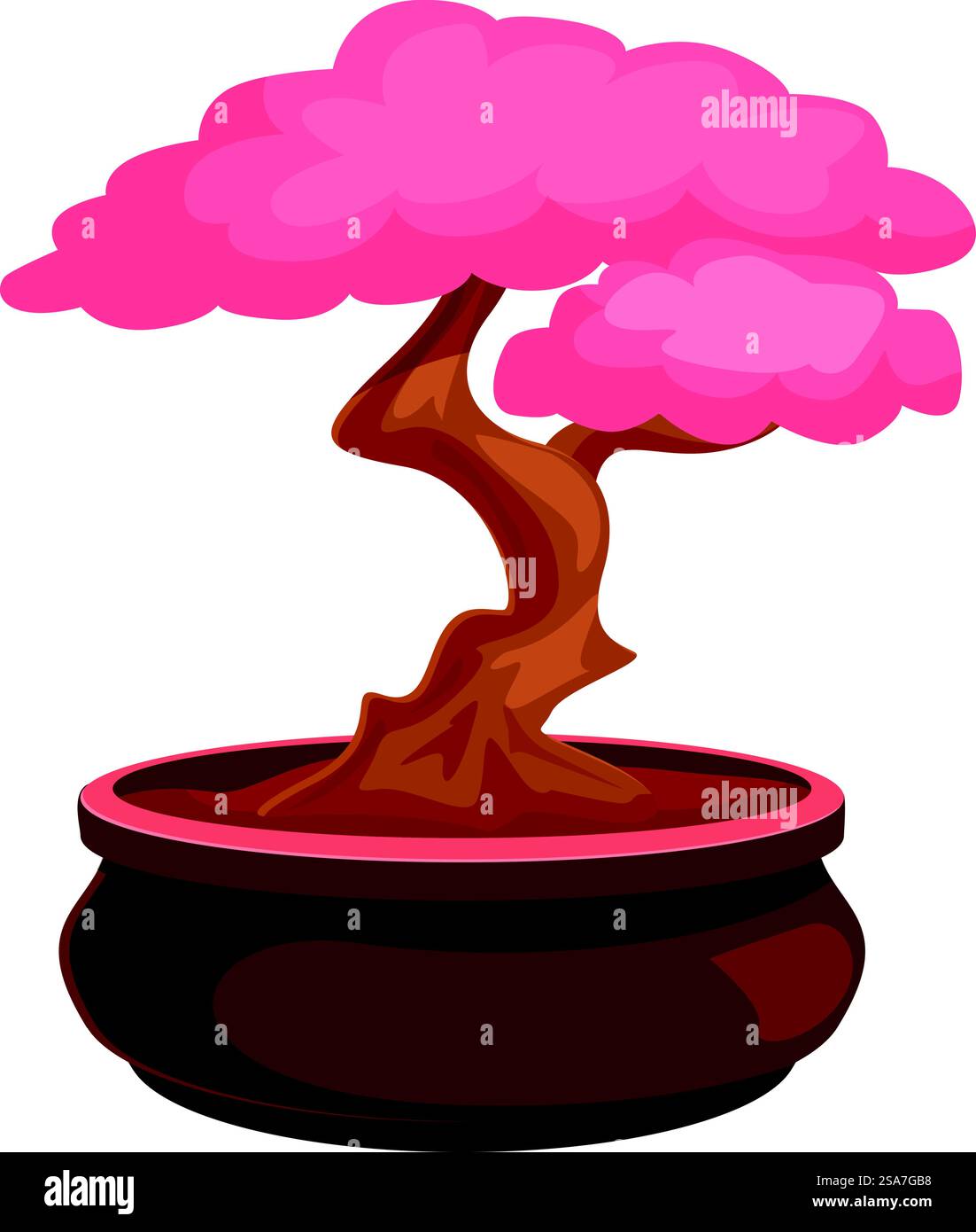 Illustration of a pink flowering bonsai tree growing in a pot. Pink ...