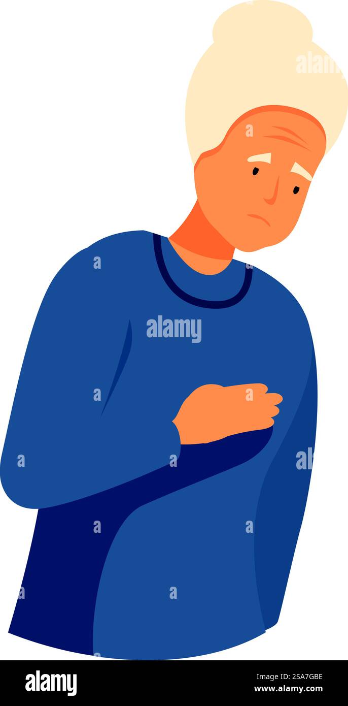 Senior woman holding her chest, experiencing shortness of breath and ...