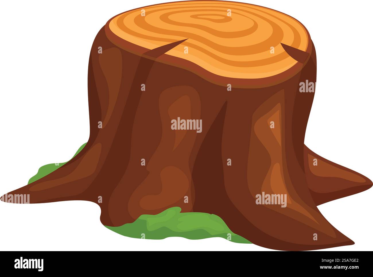 Old tree stump covered with green moss standing on white background. Cartoon illustration of an ...