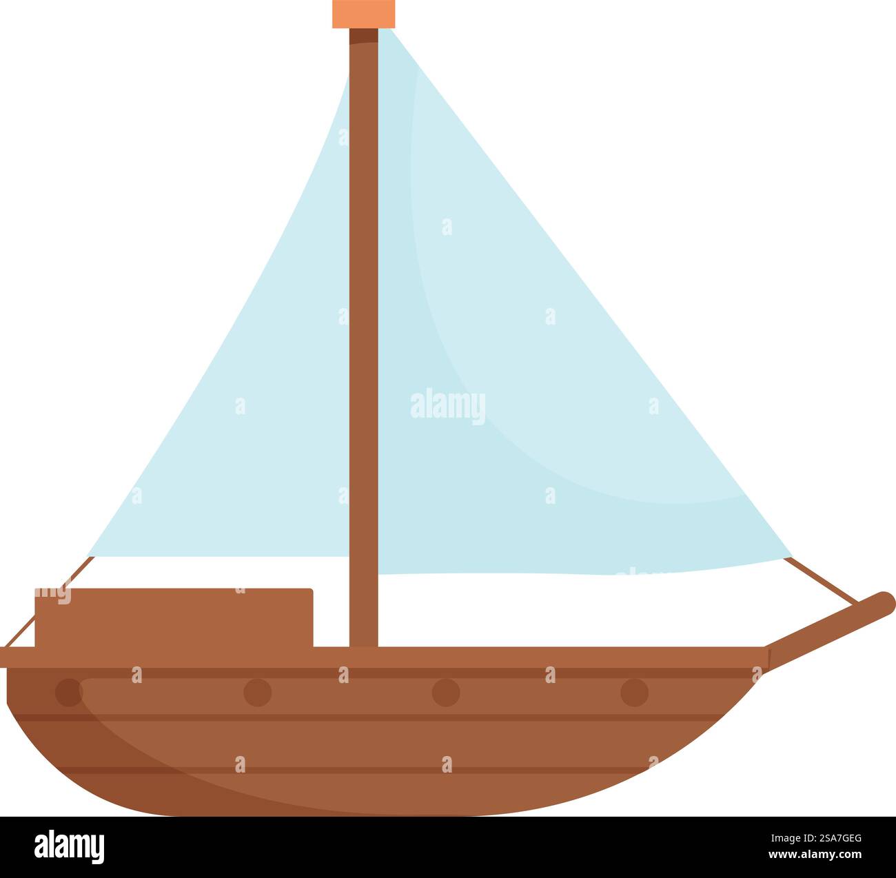 Simple wooden sailboat with white sail sailing on the water. Wooden ...