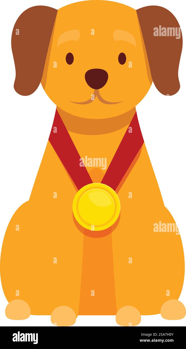 Cute cartoon dog is wearing a gold medal to reward him for being a very ...