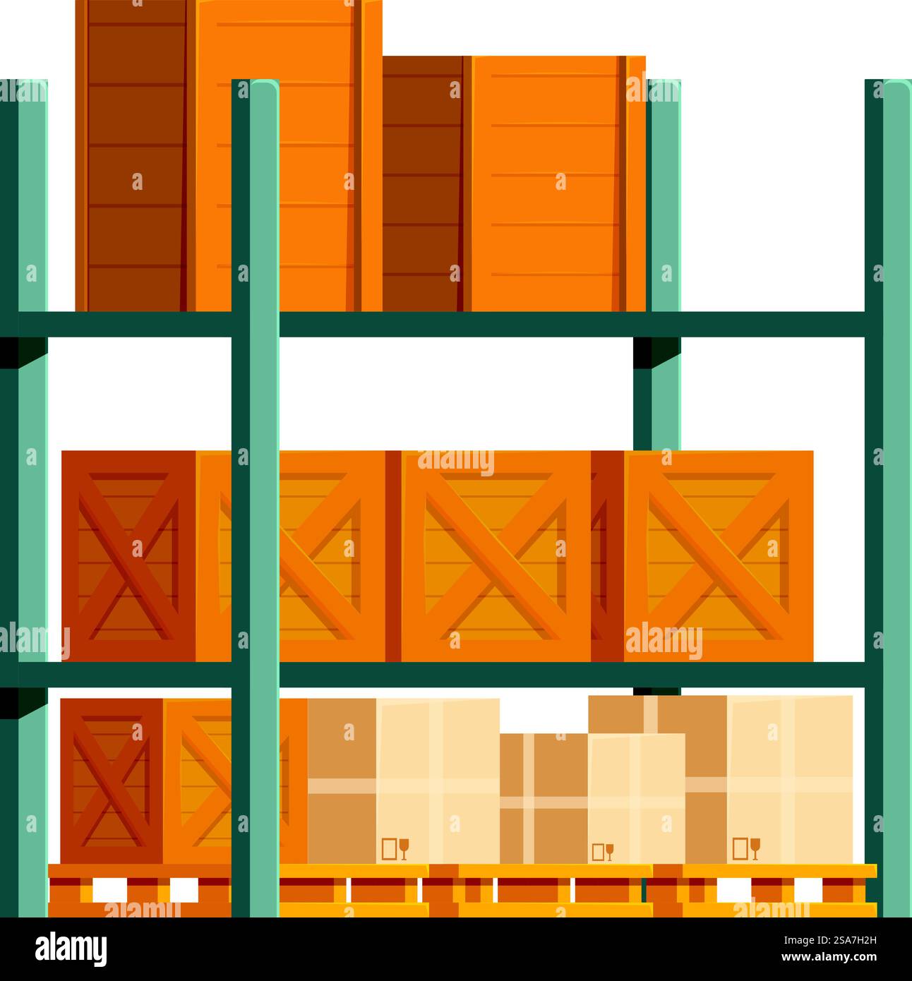 Warehouse interior with shelves, cardboard boxes on wooden pallets ...