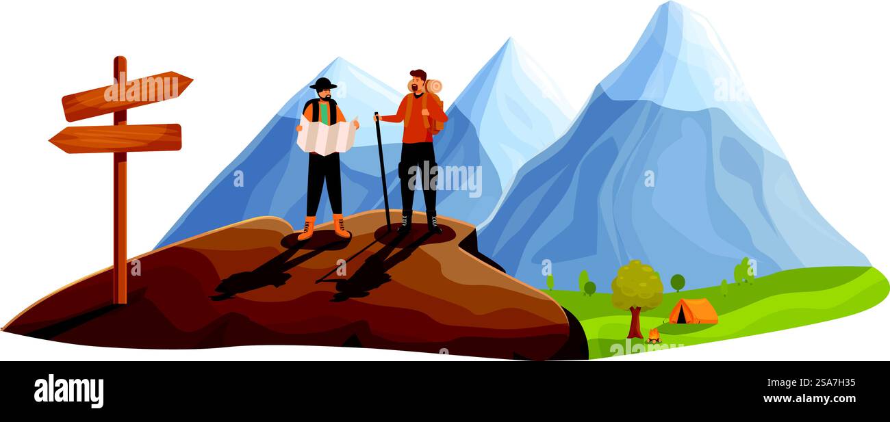 Two hikers are looking at a map, trying to decide which path to take ...