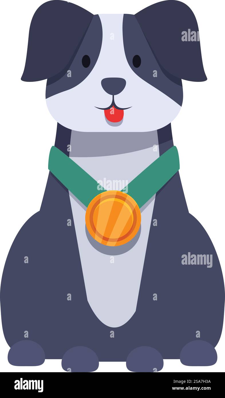 Happy dog sitting wearing a gold medal and green ribbon. Dog sitting ...