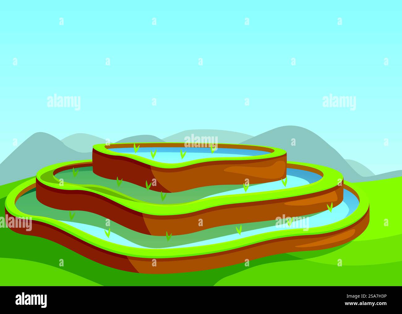 Cartoon illustration of rice paddy field farming terrace plantation in ...