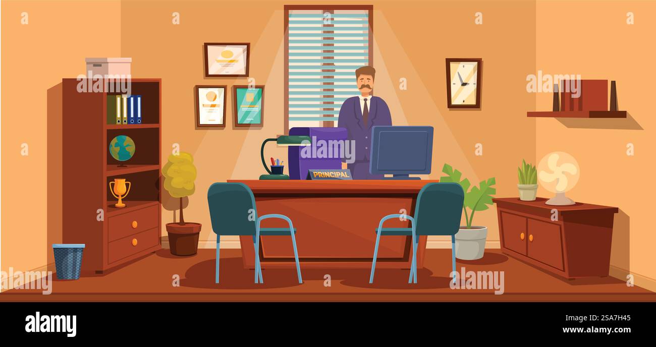 Cartoon style illustration of a school principal standing in his office ...