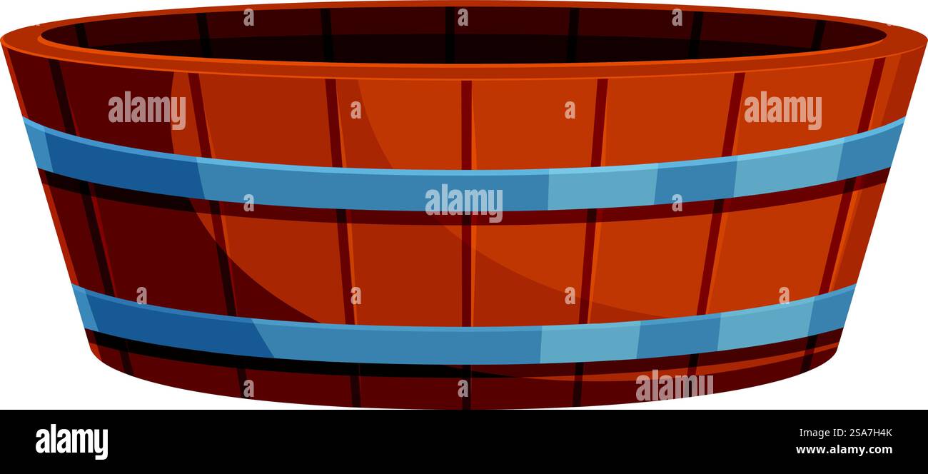 Empty wooden tub made of brown planks and reinforced with metal rings ...