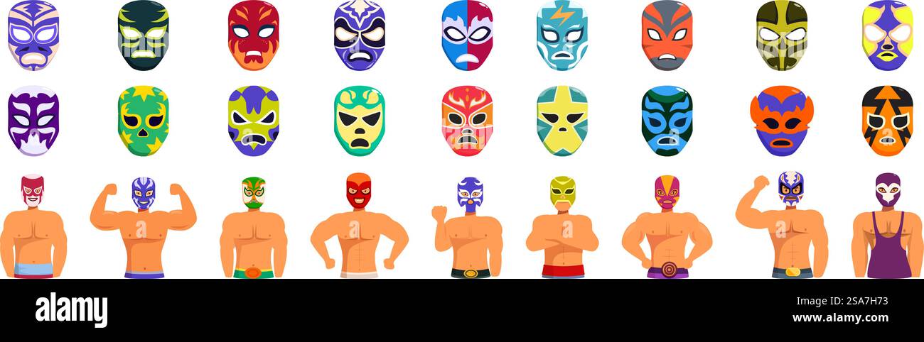 Mexican luchador masks icons set. Lucha libre wrestlers posing and ...
