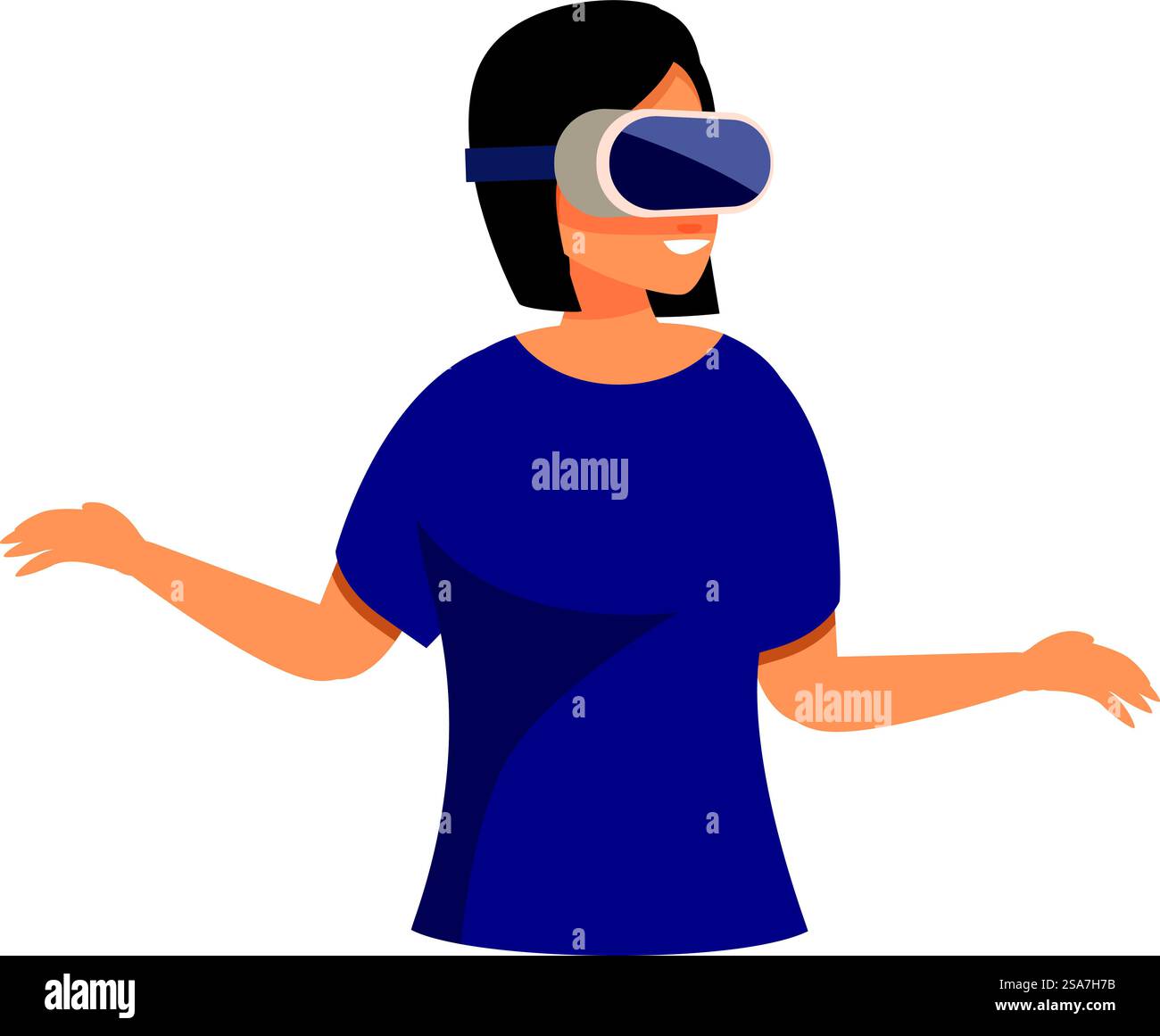 Woman is immersed in the metaverse, using a vr headset to interact with a digital environment ...