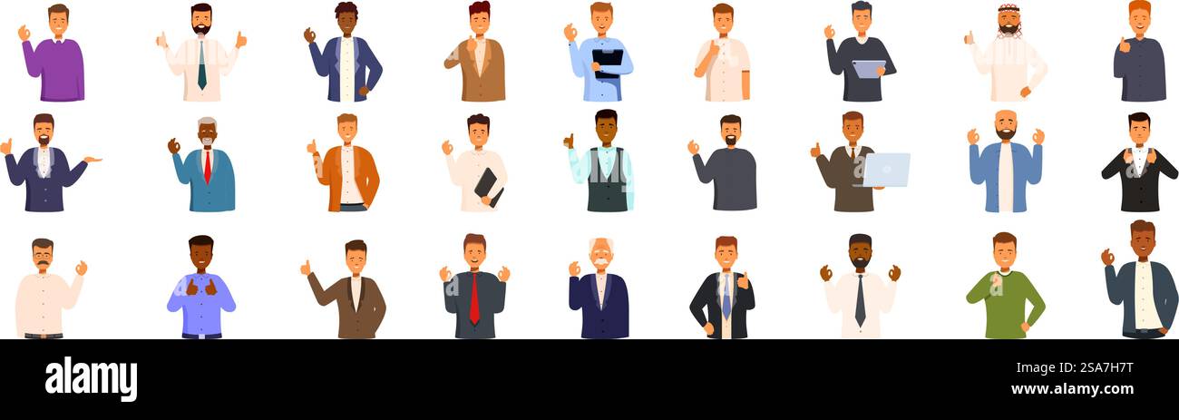 Businessman ok gesture icons set. Diverse group of men gesturing thumbs ...