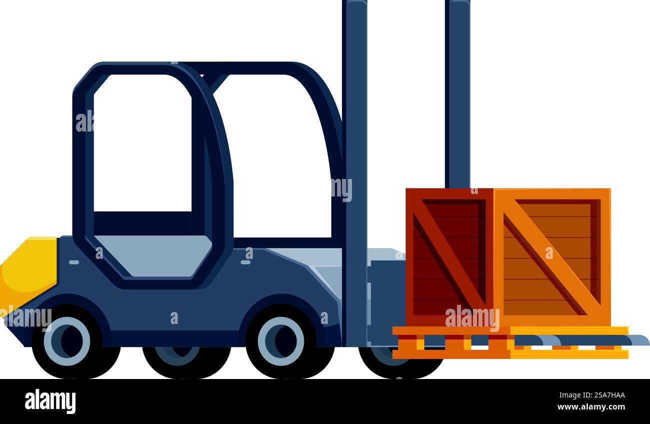 Forklift truck lifting wooden box on pallet on white background. Grey ...