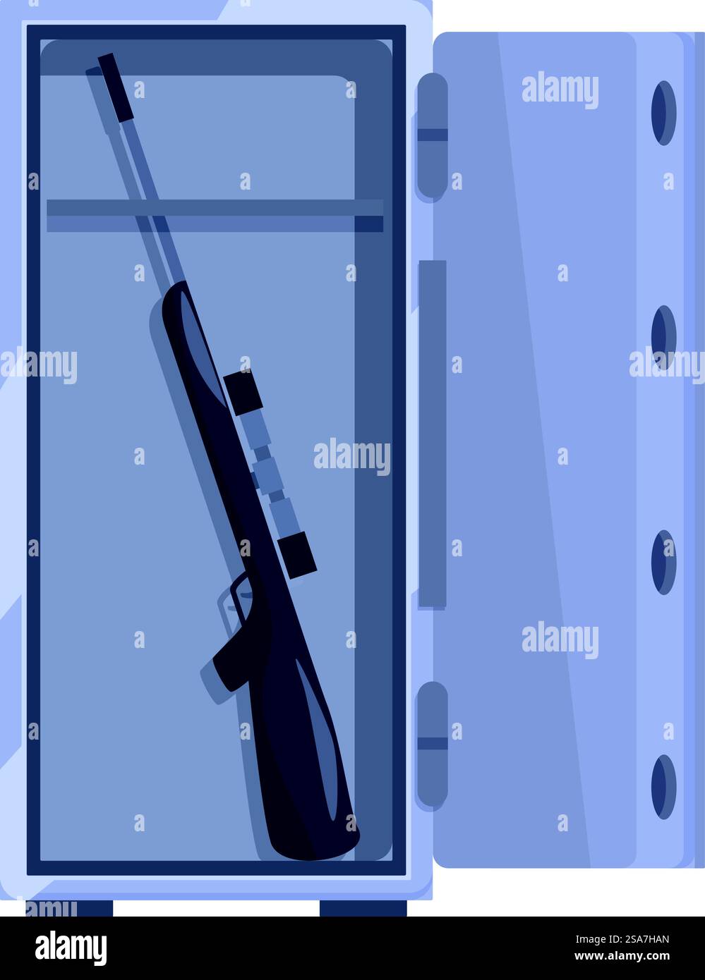 Open empty steel safe for weapons storing with rifle inside on white ...