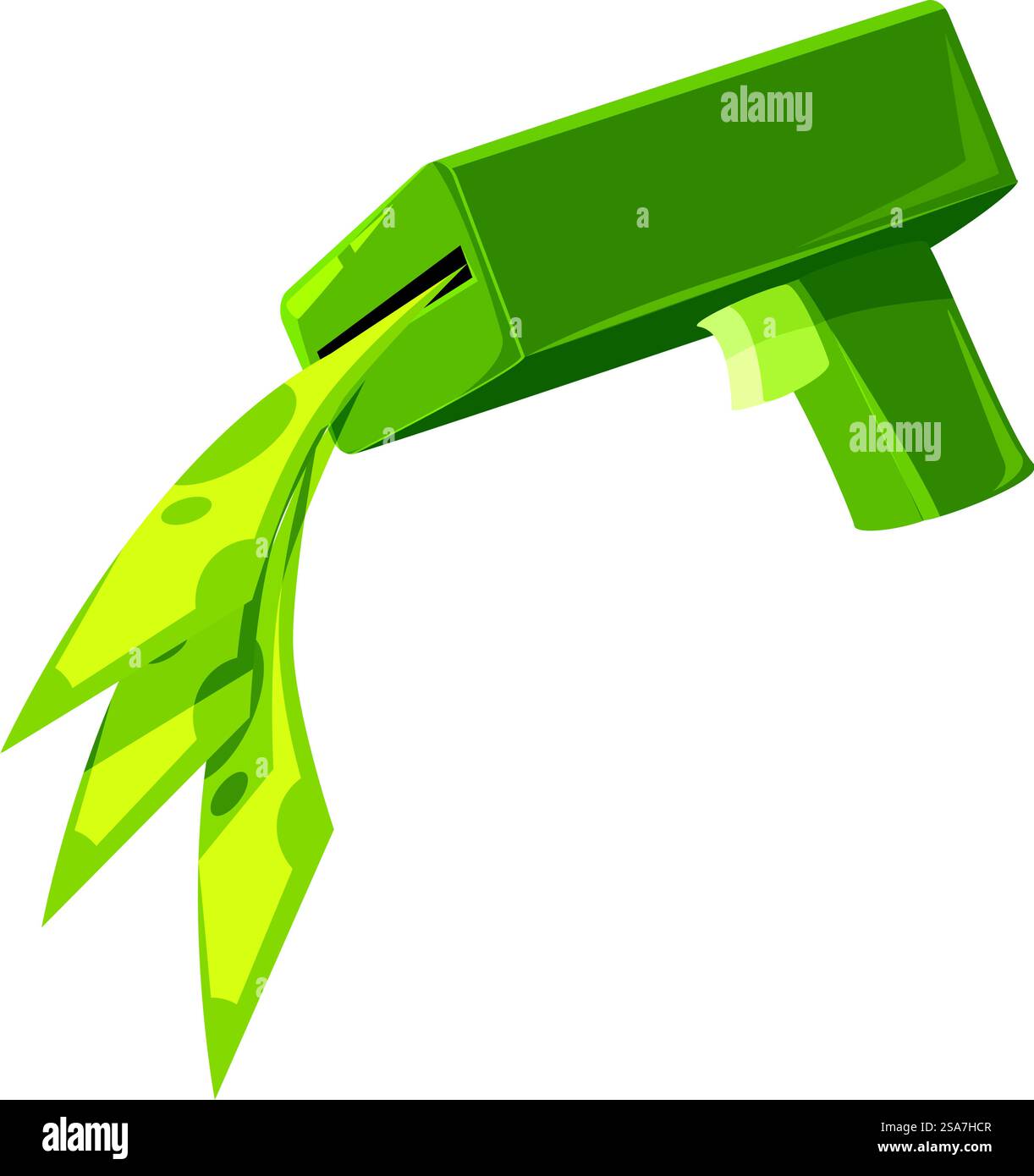 Green money gun shooting out cash bills isolated on white background ...