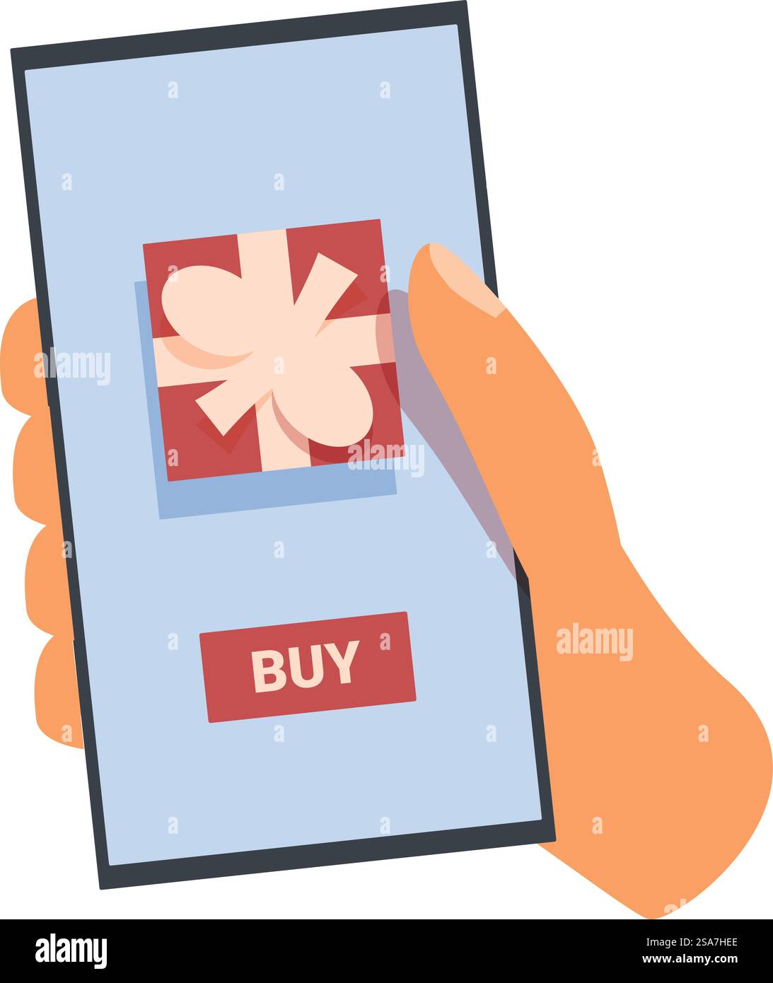 Hand holding smartphone with gift box on screen and pressing buy button ...