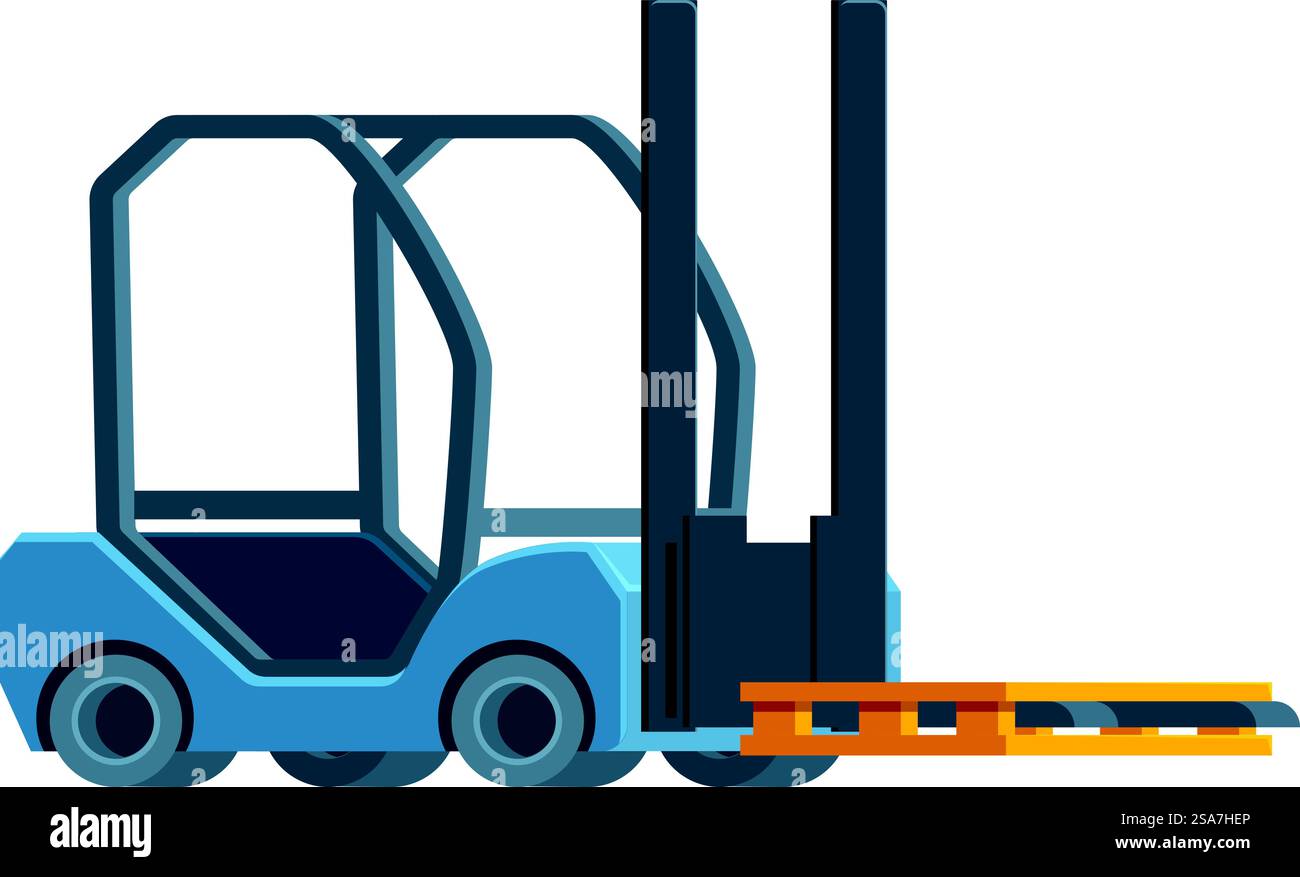 Blue forklift is lifting pallet with wooden box for transportation ...