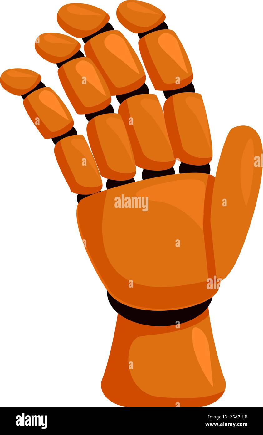 Wooden articulated robot hand with five fingers is waving. Wooden ...