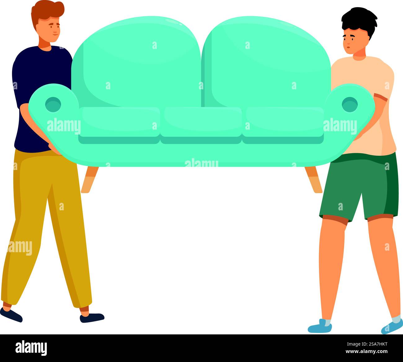 Two movers carrying a sofa, furniture delivery service concept. Two men ...