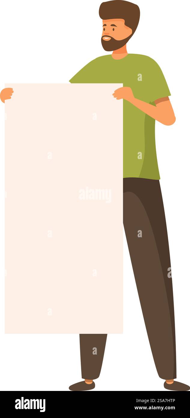 Young man holding blank banner, male character demonstrating with empty ...