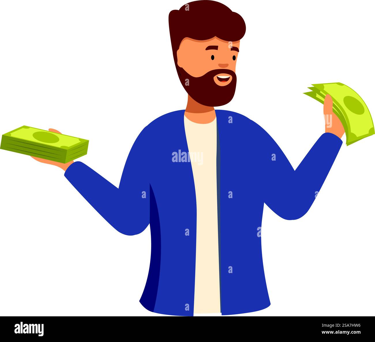 Bearded man making a choice and deciding between two different stacks ...