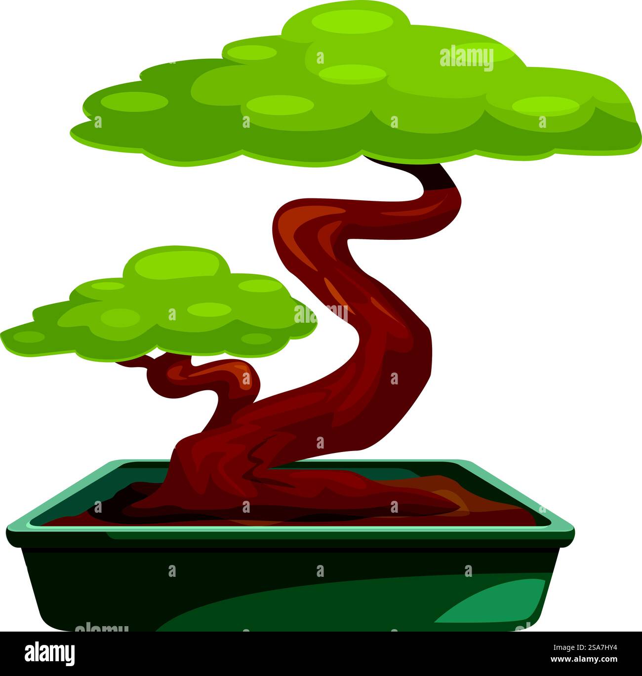 Cartoon bonsai tree with a curved trunk growing in a pot. Small bonsai ...