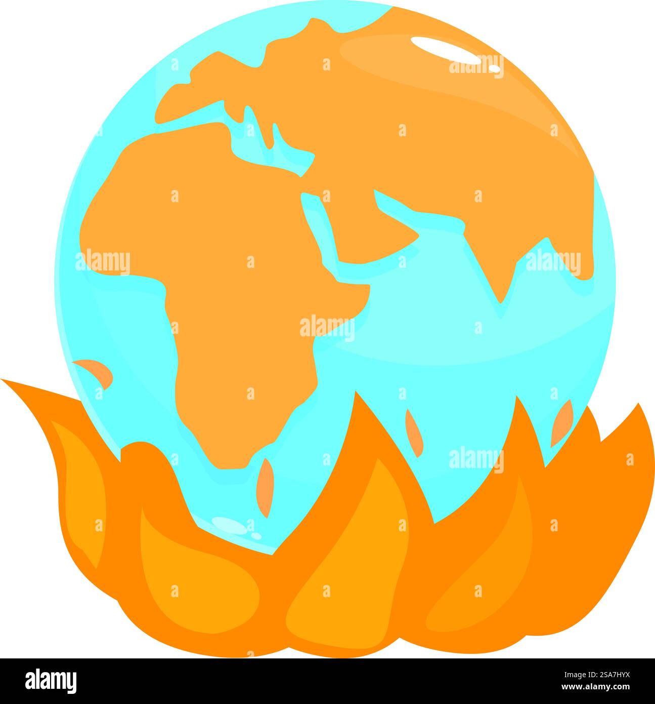 Cartoon illustration of planet earth burning in flames showing global warming. Planet earth is ...