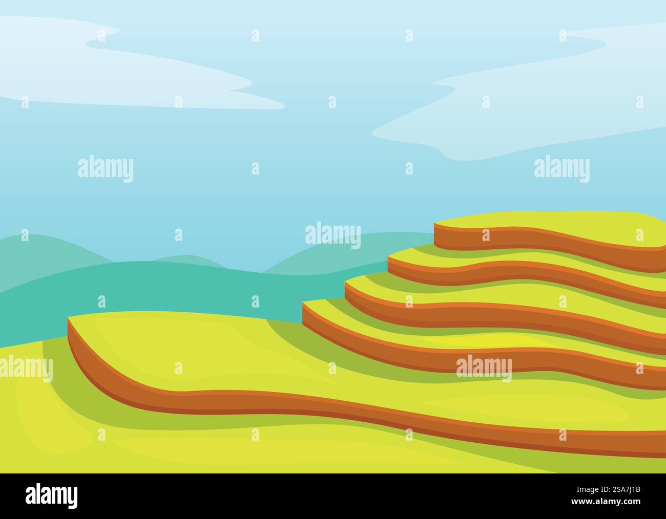 Cartoon illustration of beautiful rice fields forming steps on a hill ...