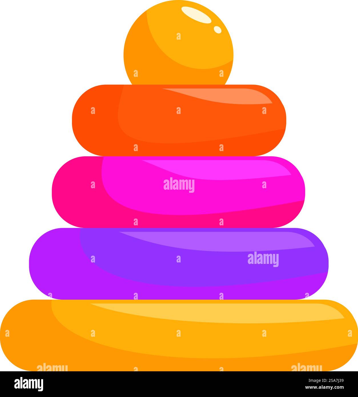 Colorful plastic stacking toy with rings of different sizes and a ball ...