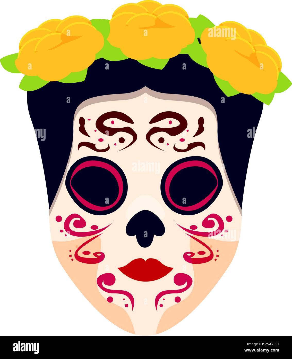 Woman is wearing traditional makeup and a crown of cempasuchil flowers ...