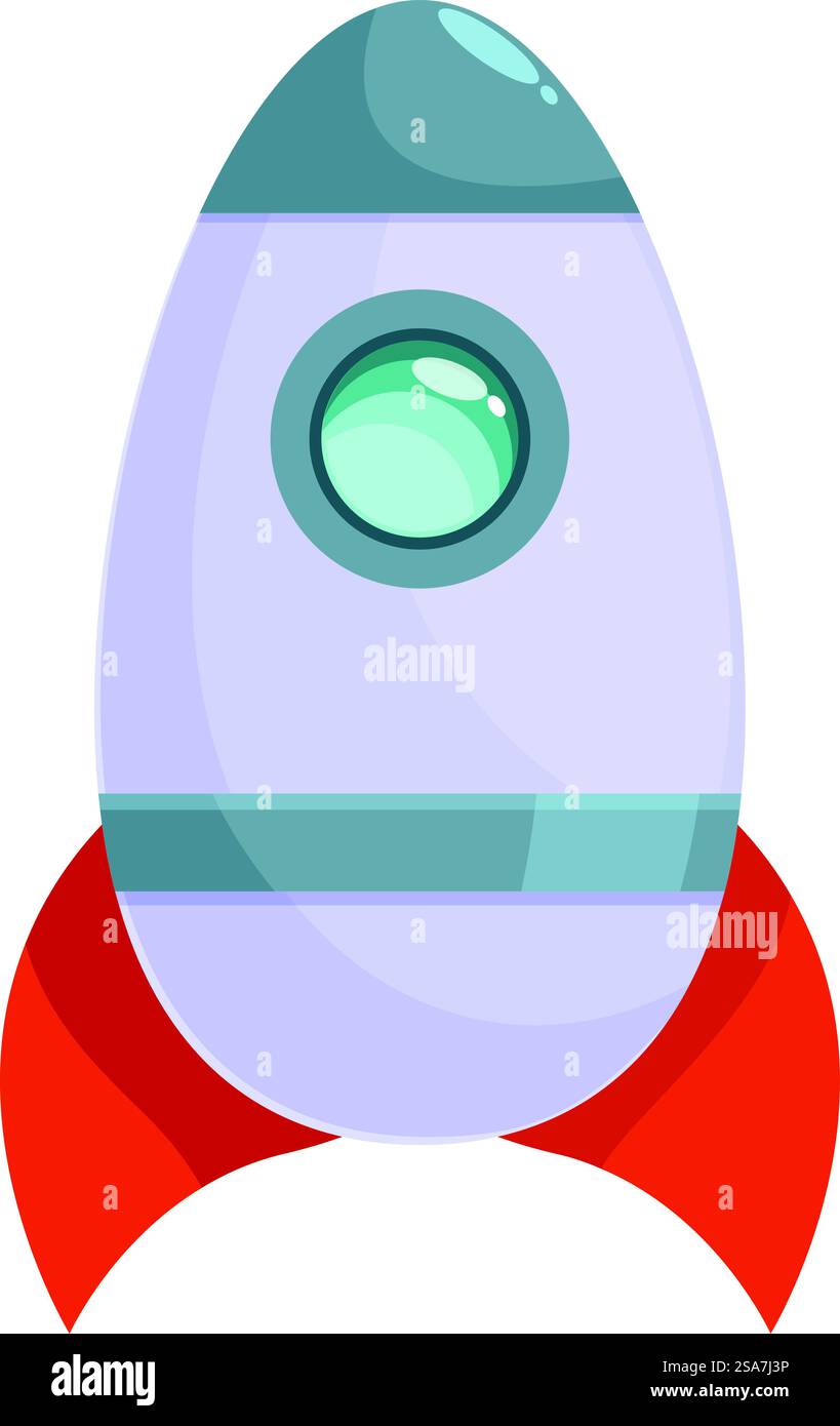 Cartoon rocket ship is flying through space with red flames coming out ...