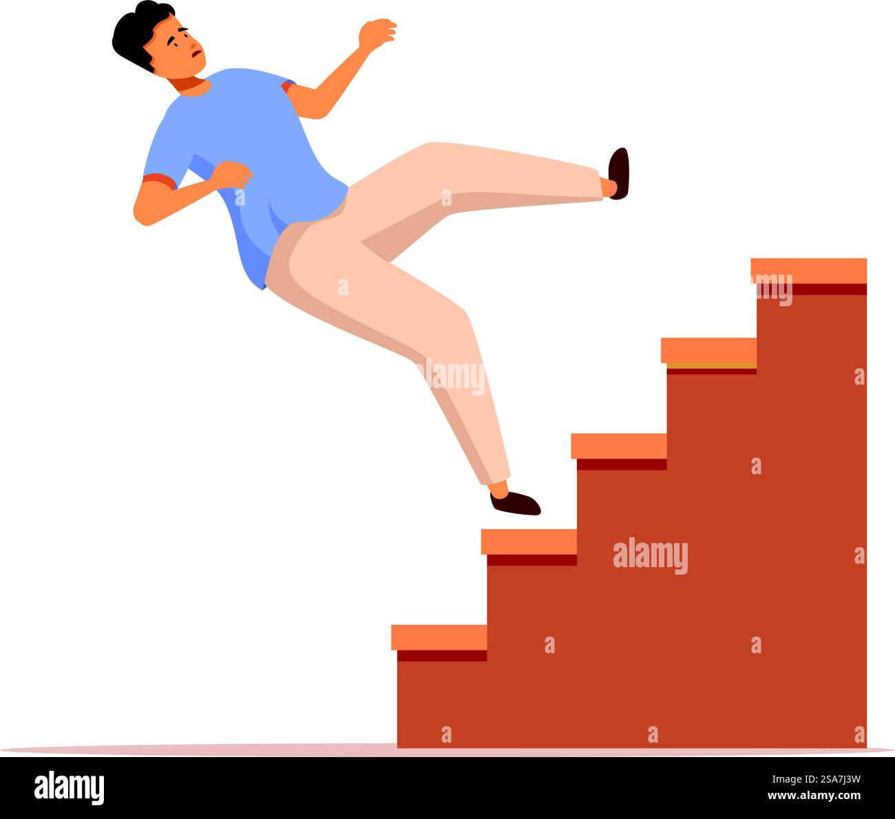 Young man is falling down some stairs, he is hurt and needs help. Young ...