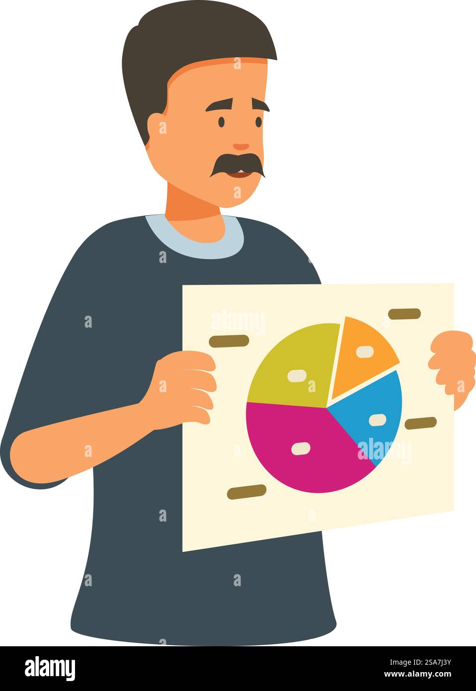Male office worker holding a large printed pie chart. Serious office ...