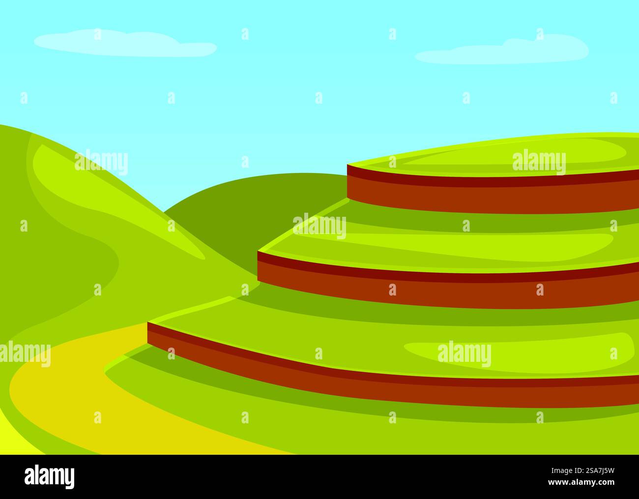 Illustration of a green landscape with rice terraces forming steps over ...