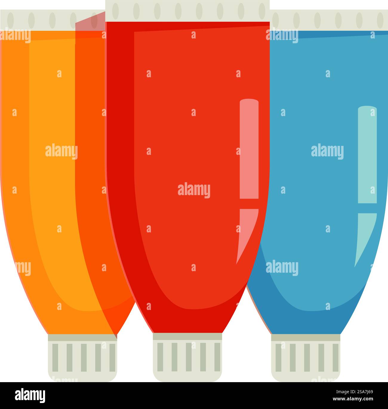 Three tubes of paint in primary colors, red, yellow, and blue, ready ...